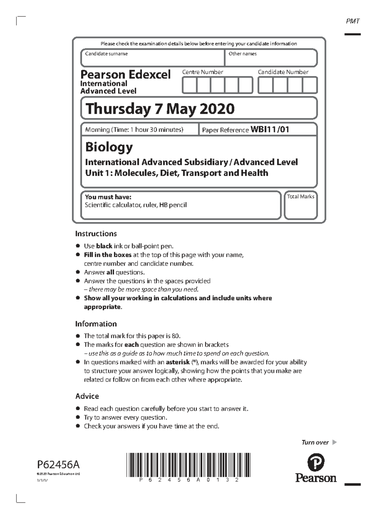 Biology IAL Unit 1: Molecules, Diet, Transport & Health Exam Paper ...