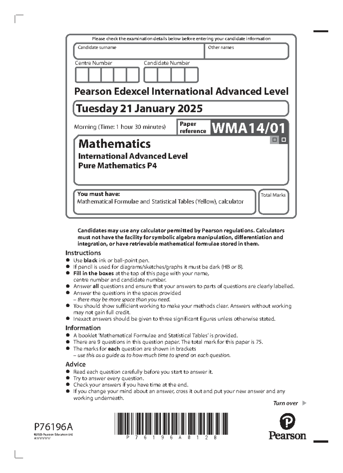 WMA14 - Jan 2025 - International A Level Pure Mathematics P4 Exam Paper ...