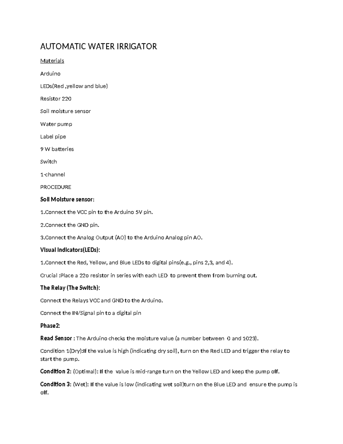 Automatic Water Irrigator Project: Arduino-Based System Design - Studocu