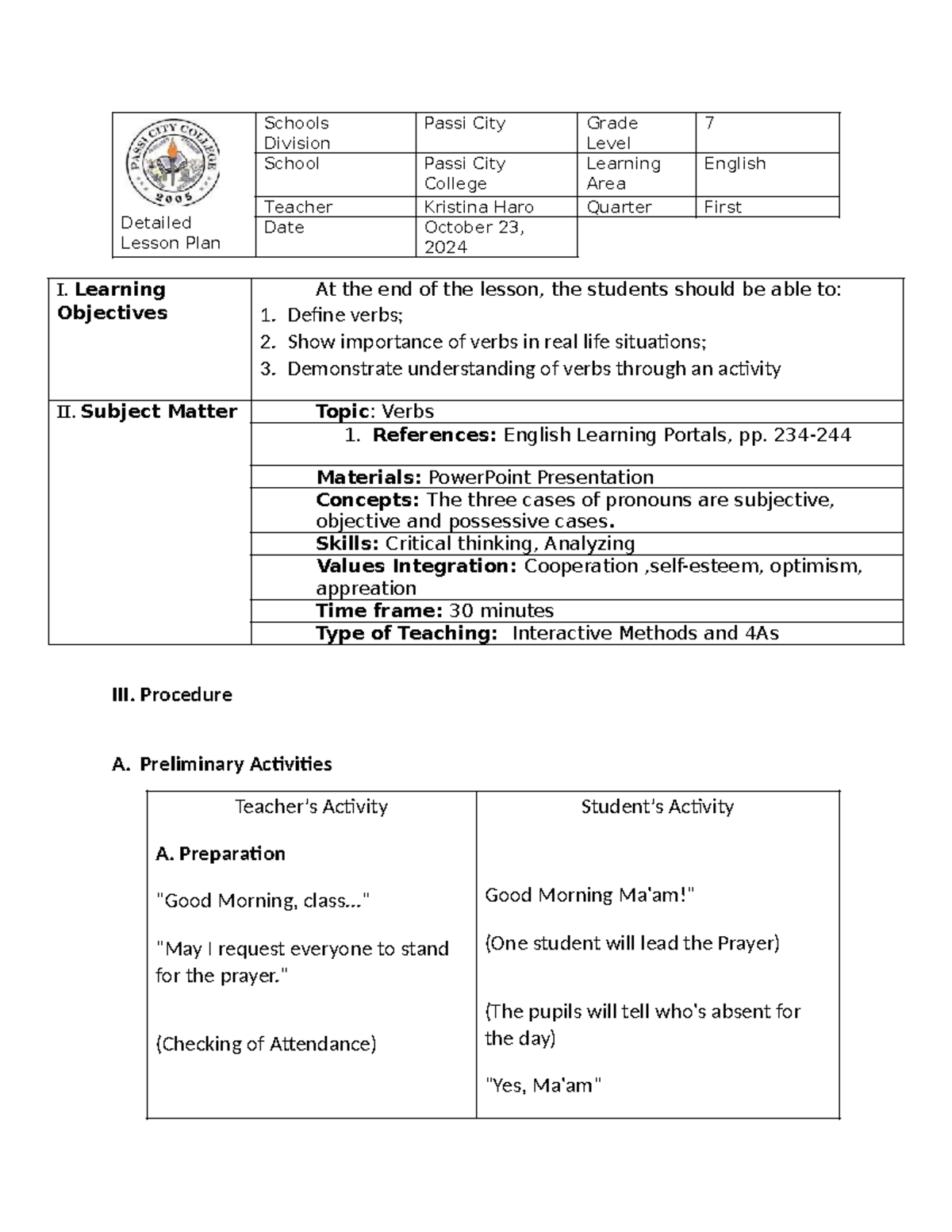 A-Detailed-Lesson-Plan-in-English-7: Focus on Verbs - Studocu