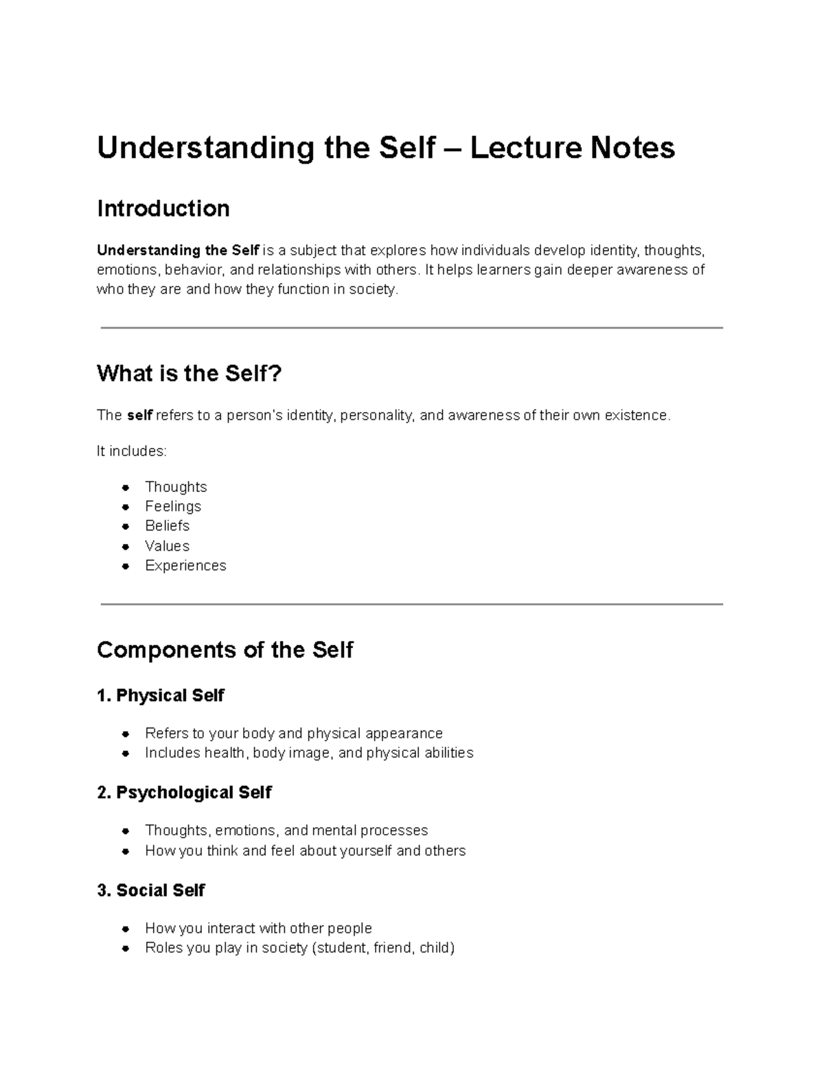 Understanding the Self - Lecture Notes (PSY 101) - Studocu