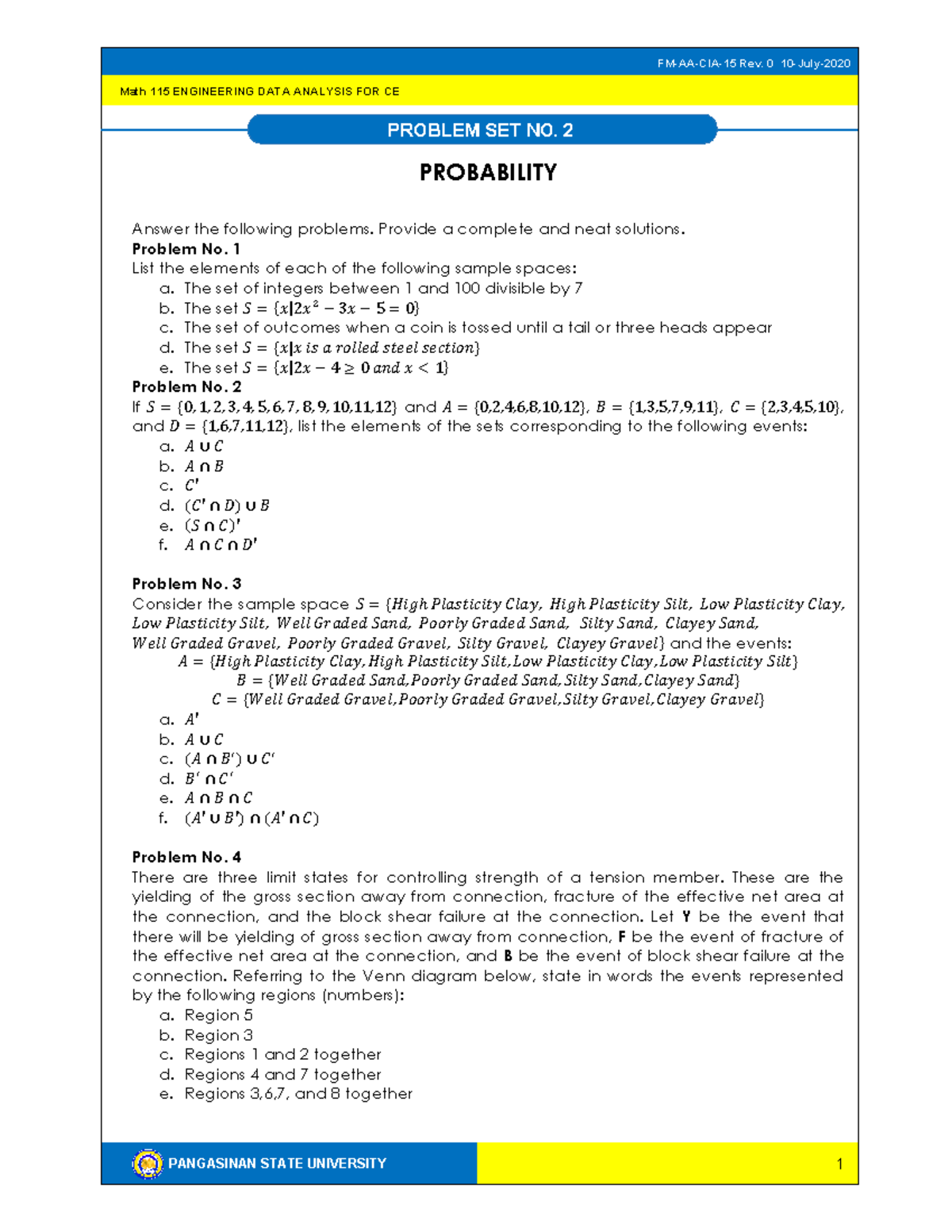 Math 115 Problem Set No. 4: Probability & Data Analysis Exercises - Studocu