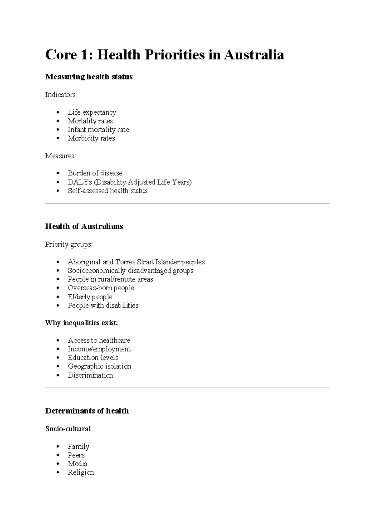 Core 1: Health Priorities in Australia - Key Indicators & Measures ...