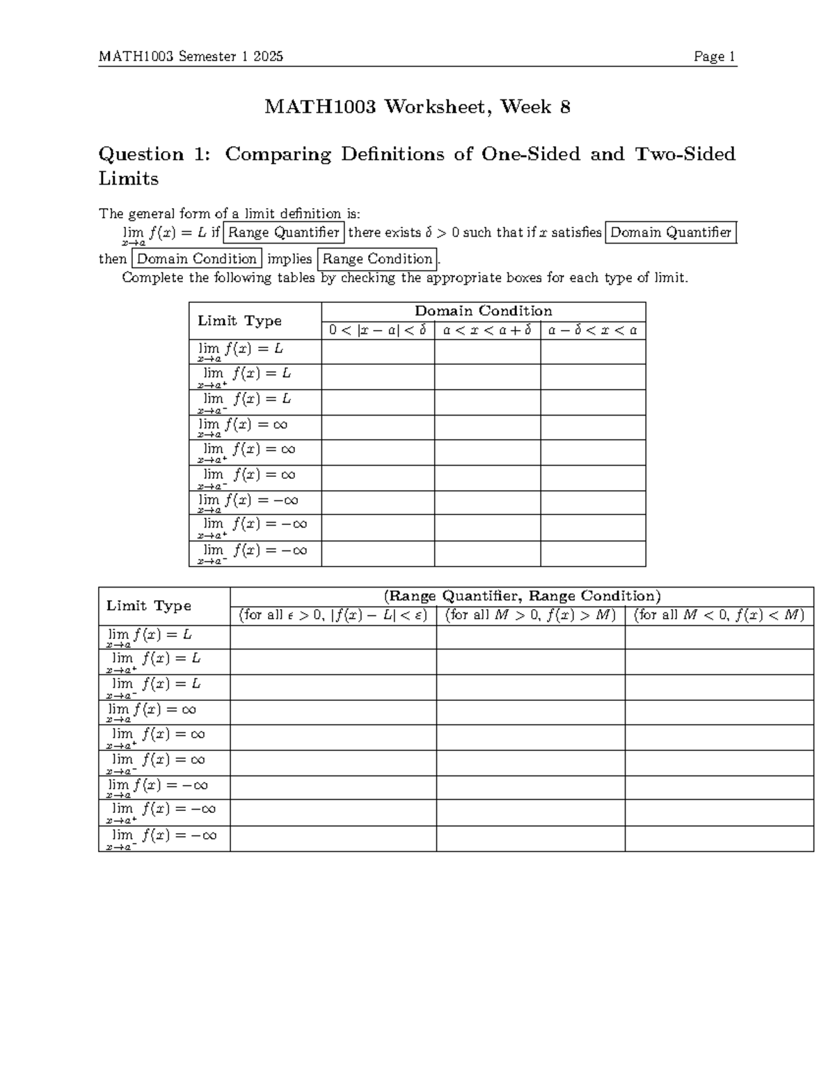 MATH1003 Worksheet Week 9: Limits and Inequalities Analysis - Studocu