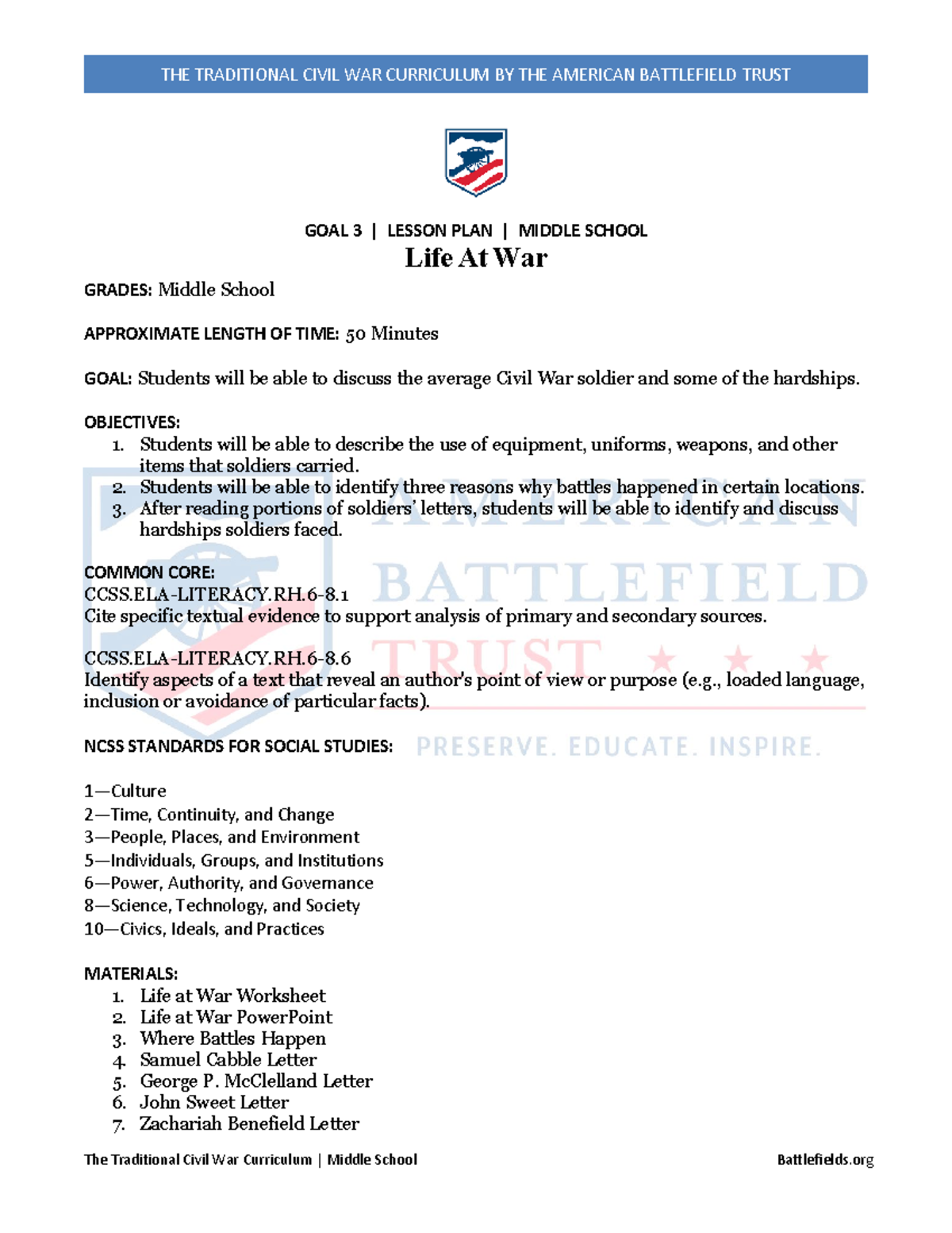 Life at War: Civil War Soldier Experiences - Middle School Lesson Plan ...