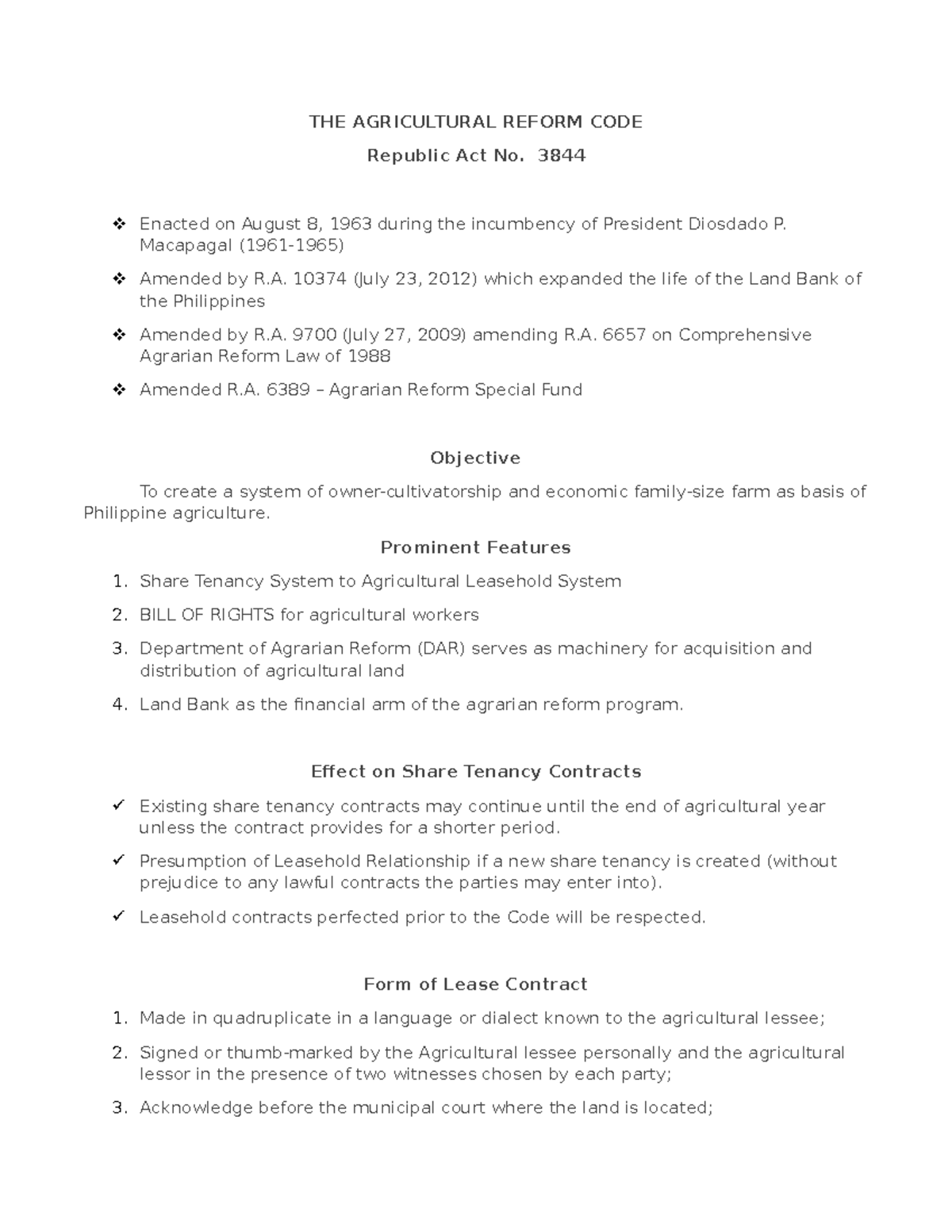 RA 3844 Salient Points - THE AGRICULTURAL REFORM CODE Republic Act No ...