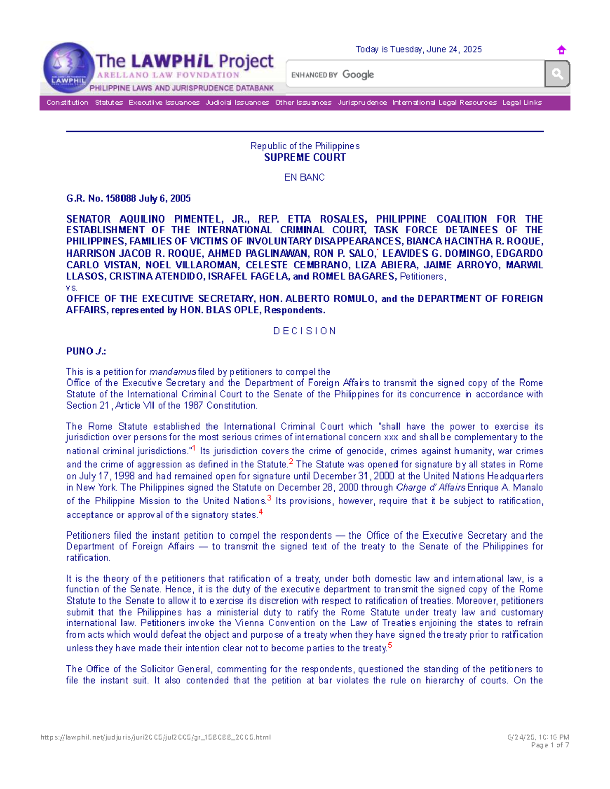 Pimentel vs. Executive Secretary: Mandamus on Rome Statute Ratification ...