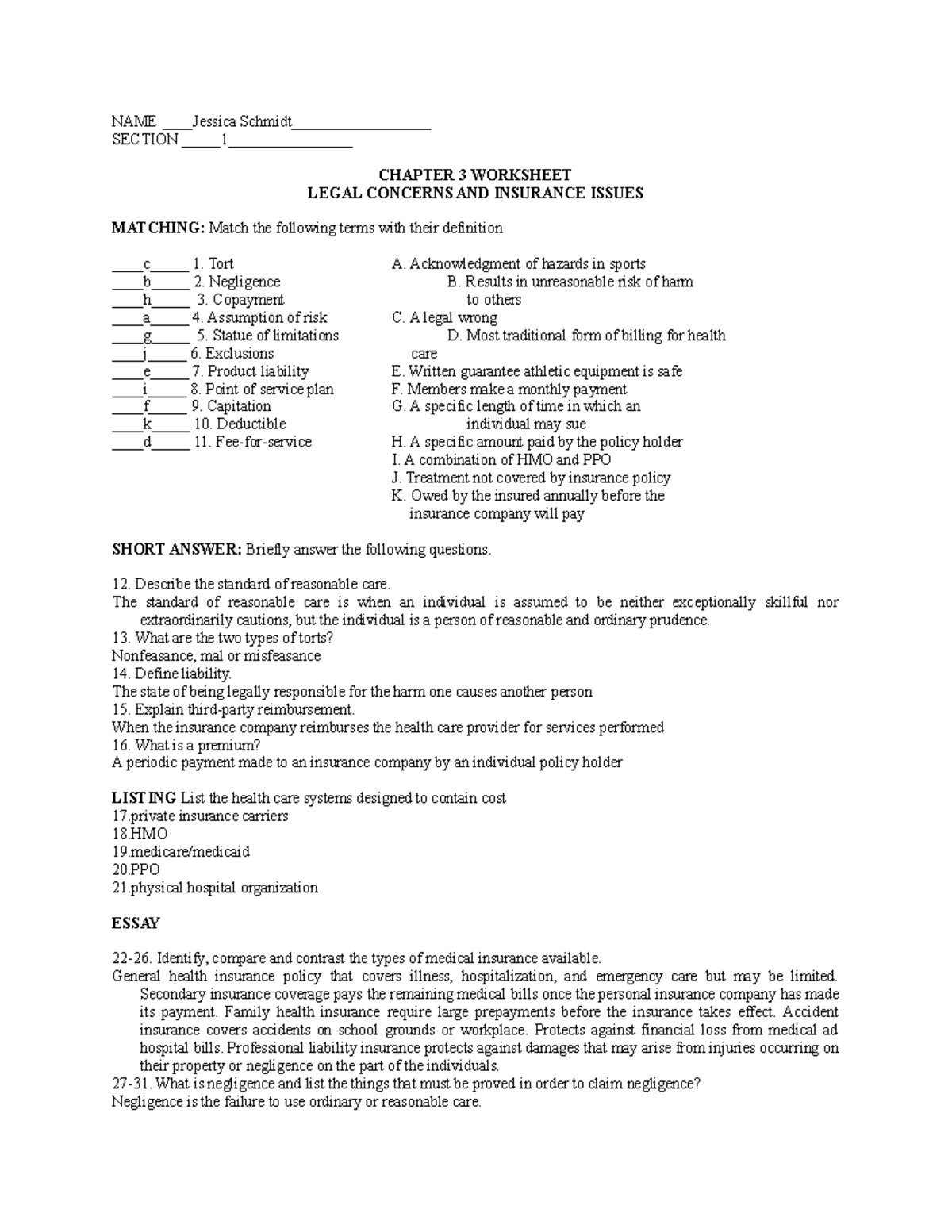 CH. 3 Worksheet: Legal Concerns & Insurance Issues in Health Care - Studocu