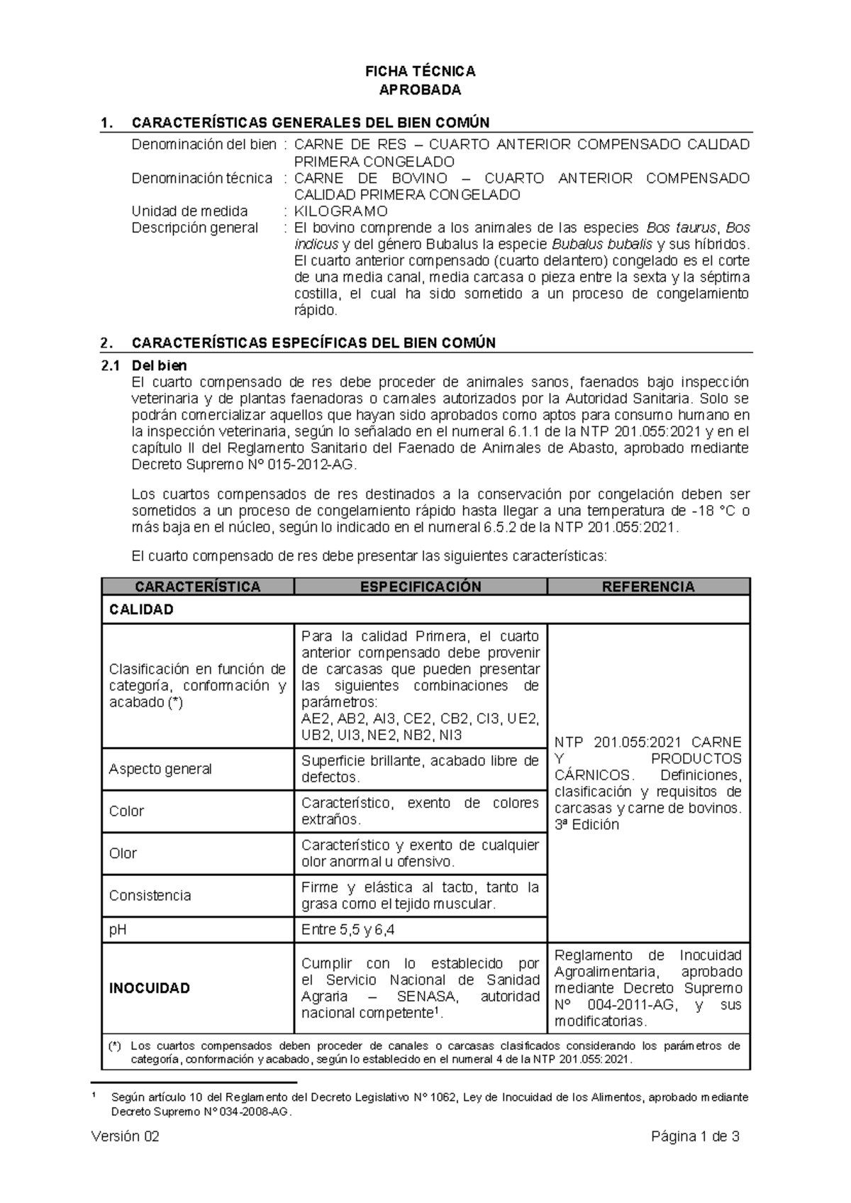 FICHA TÉCNICA: CARNE DE RES CUARTO ANTERIOR COMPENSADO CALIDAD PRIMERA ...