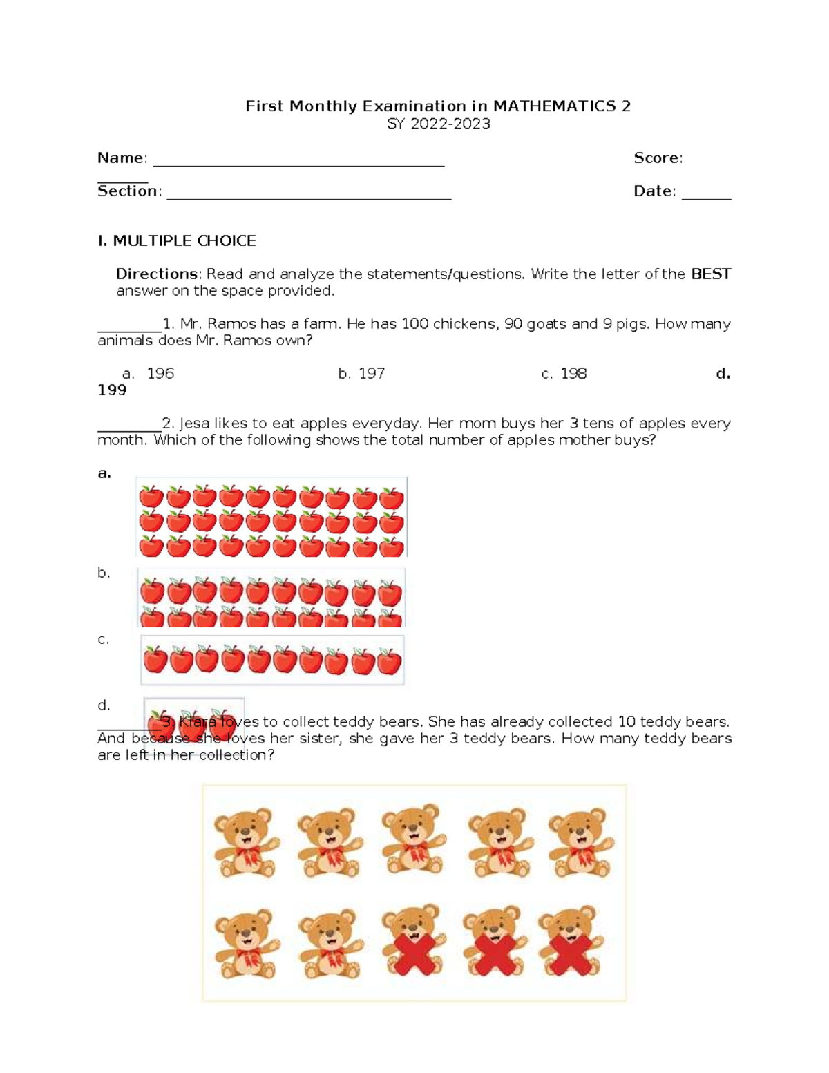 First Monthly Examination in MATHEMATICS 2 - Studocu