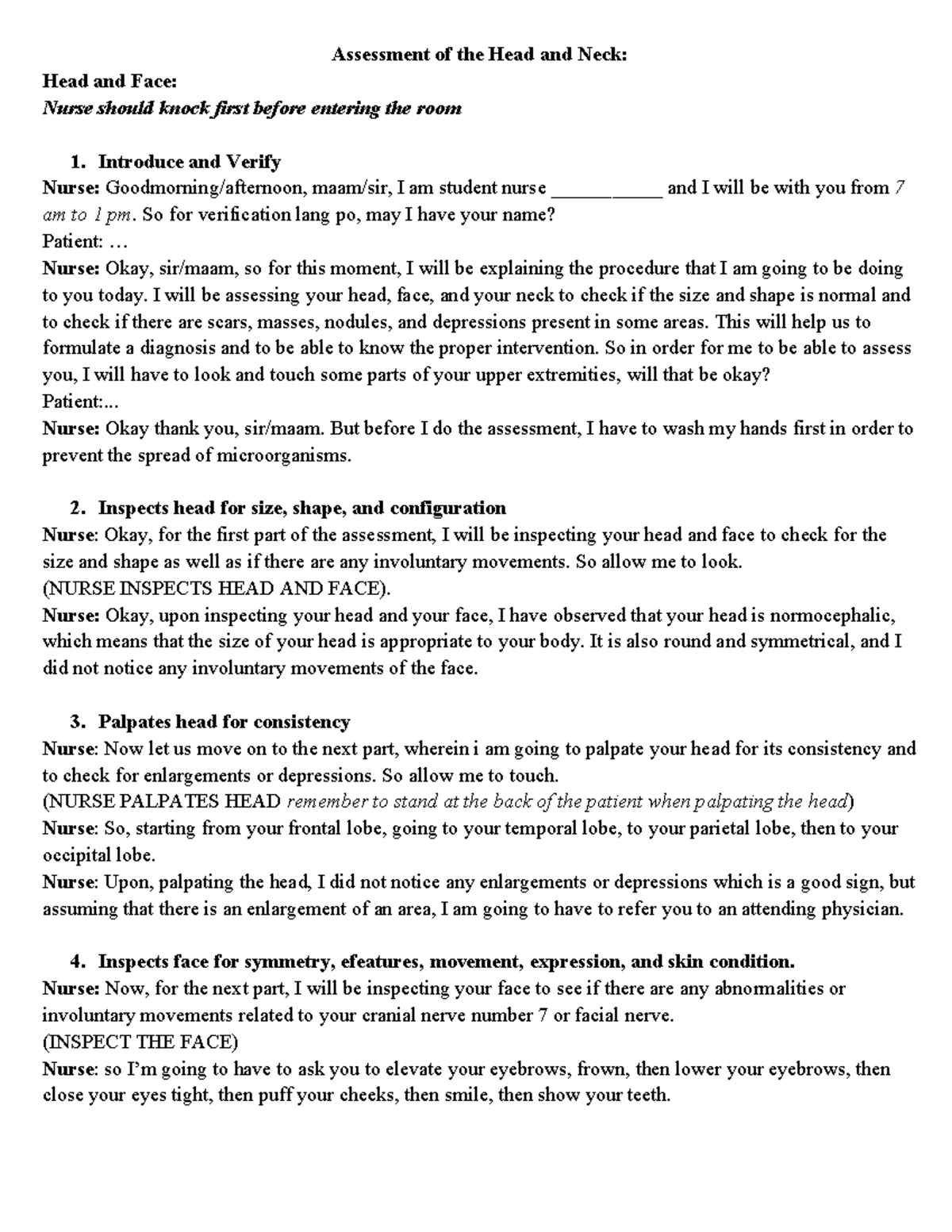 Assessment Script for Head, Face, Neck & Lymph Nodes (Ret Dem) - Studocu