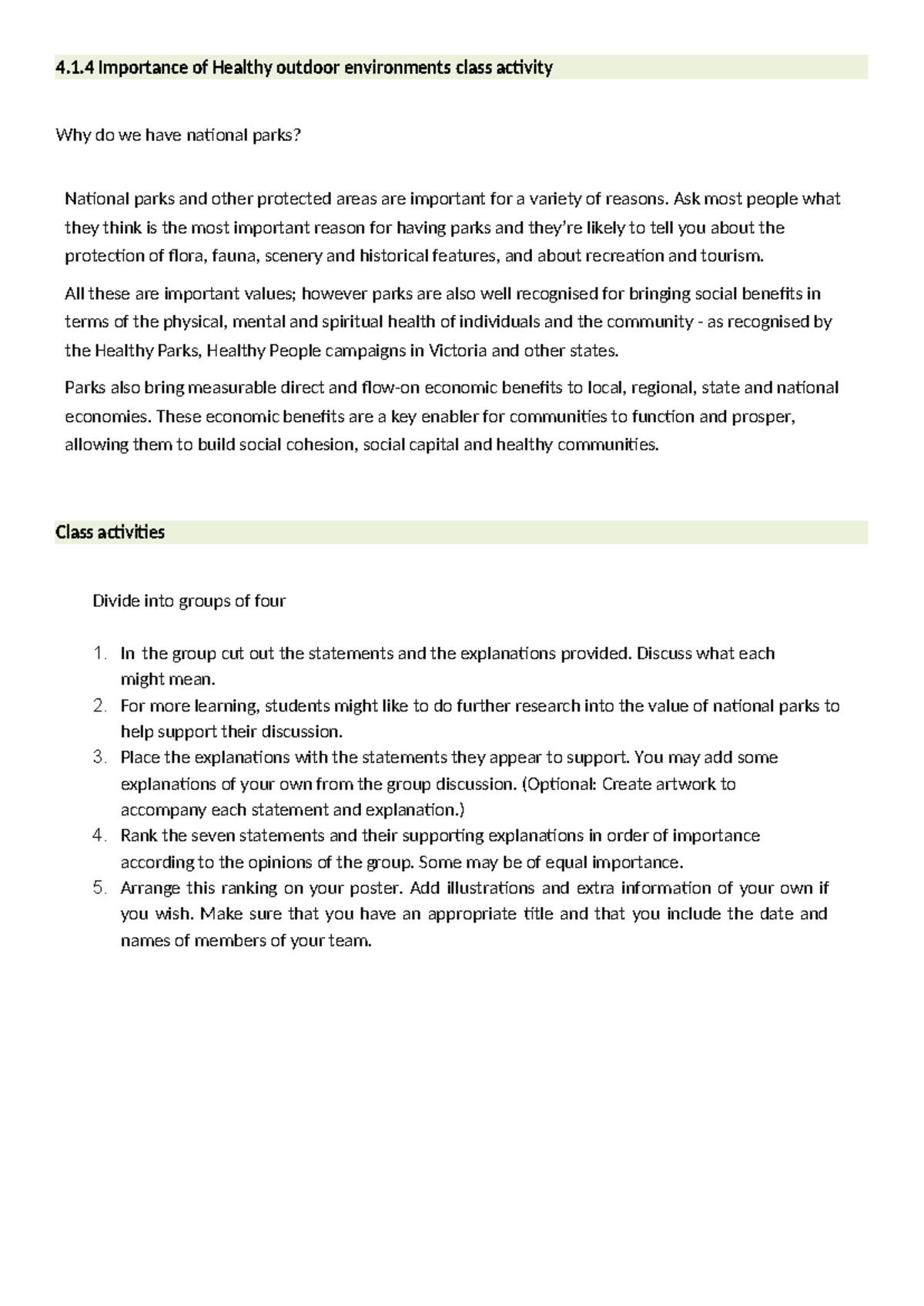 4.1.4 Class Activity: Exploring the Importance of National Parks - Studocu
