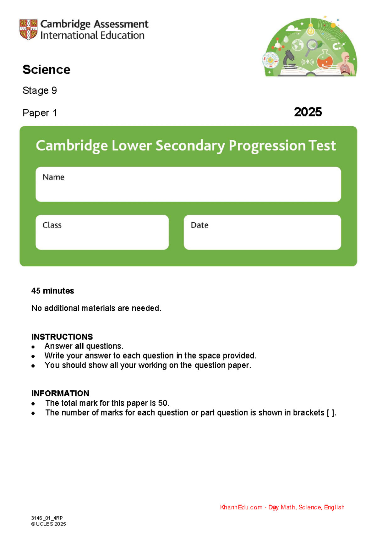 Stage 9 Science Progression Test 2025 Paper 1 (45 min) - Studocu