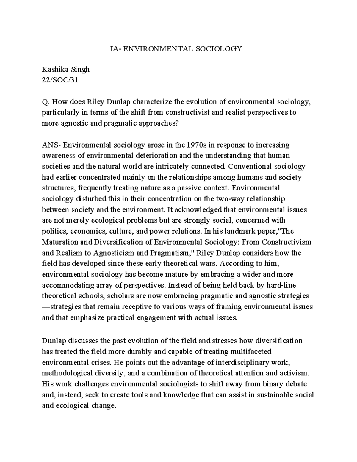 ENVIRONMENTAL SOCIOLOGY IA: Evolution from Constructivism to ...