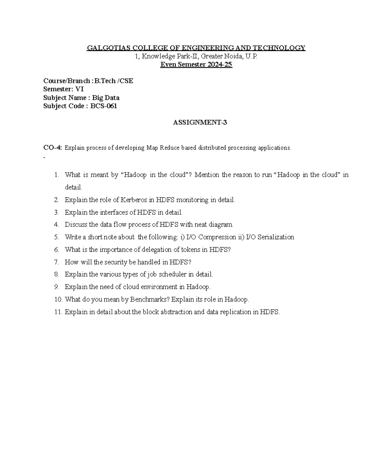 BCS061 Assignment 3: MapReduce, HDFS, and Cloud in Hadoop - Studocu