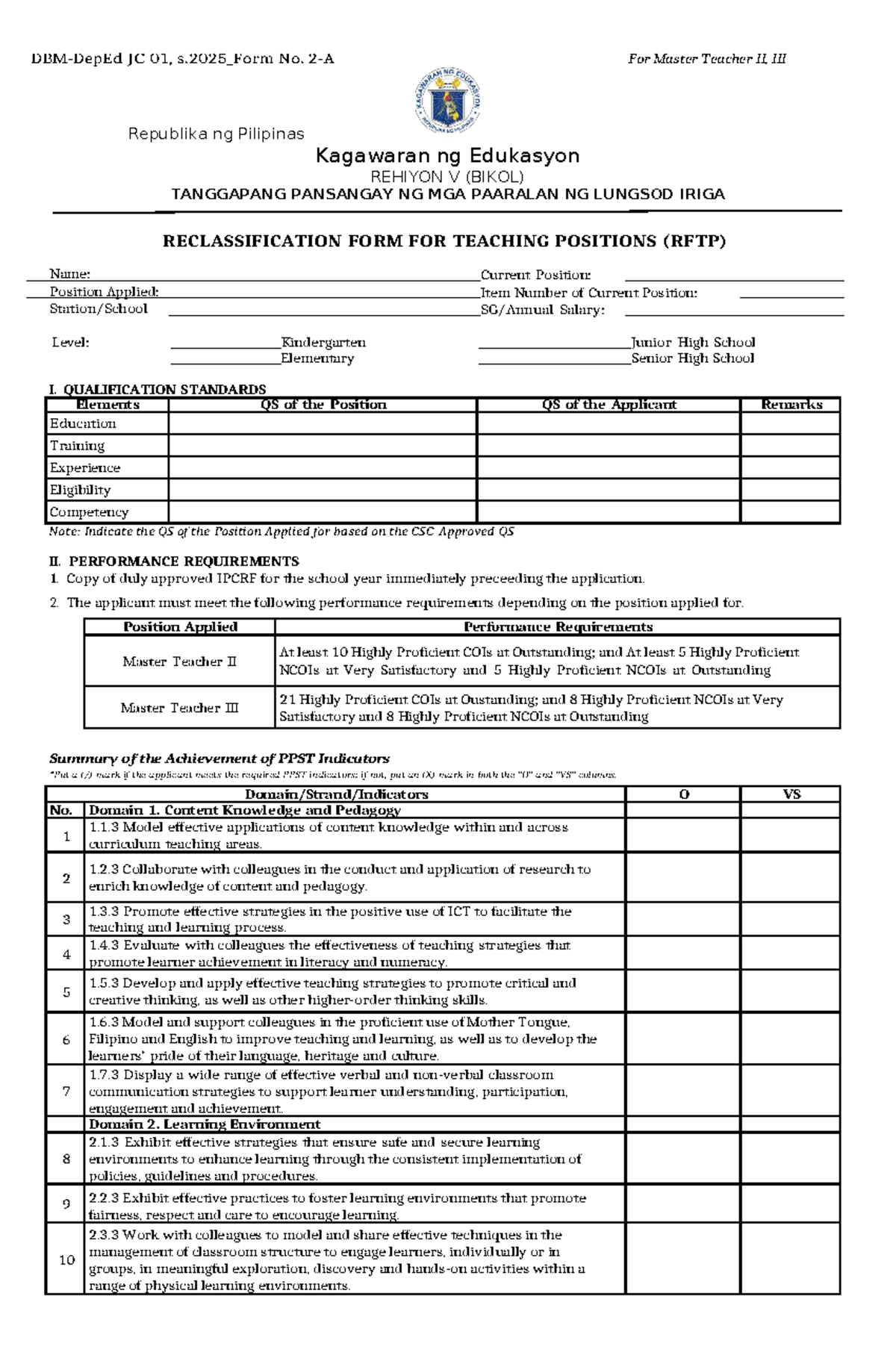 JC 01, s.2025 Reclassification Form Guide for Master Teacher II - Studocu