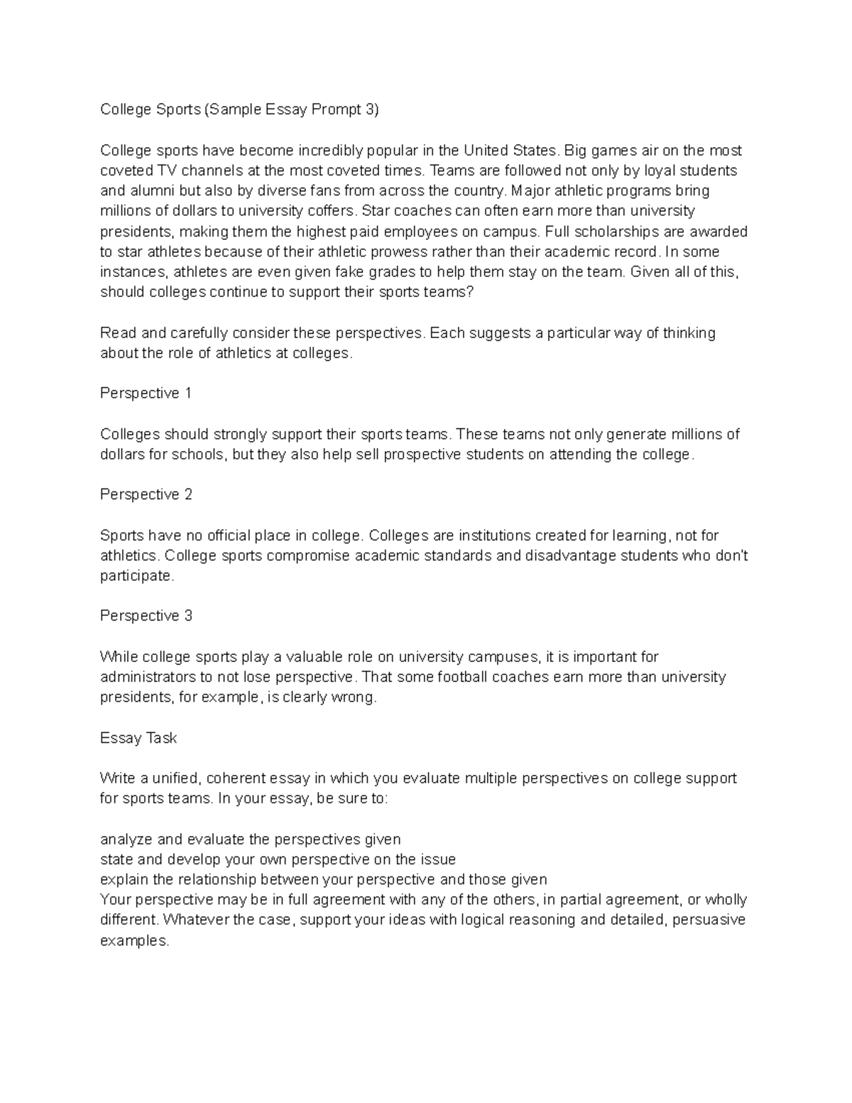 ACT Essay Writing Prompt - College Sports Perspectives - Studocu
