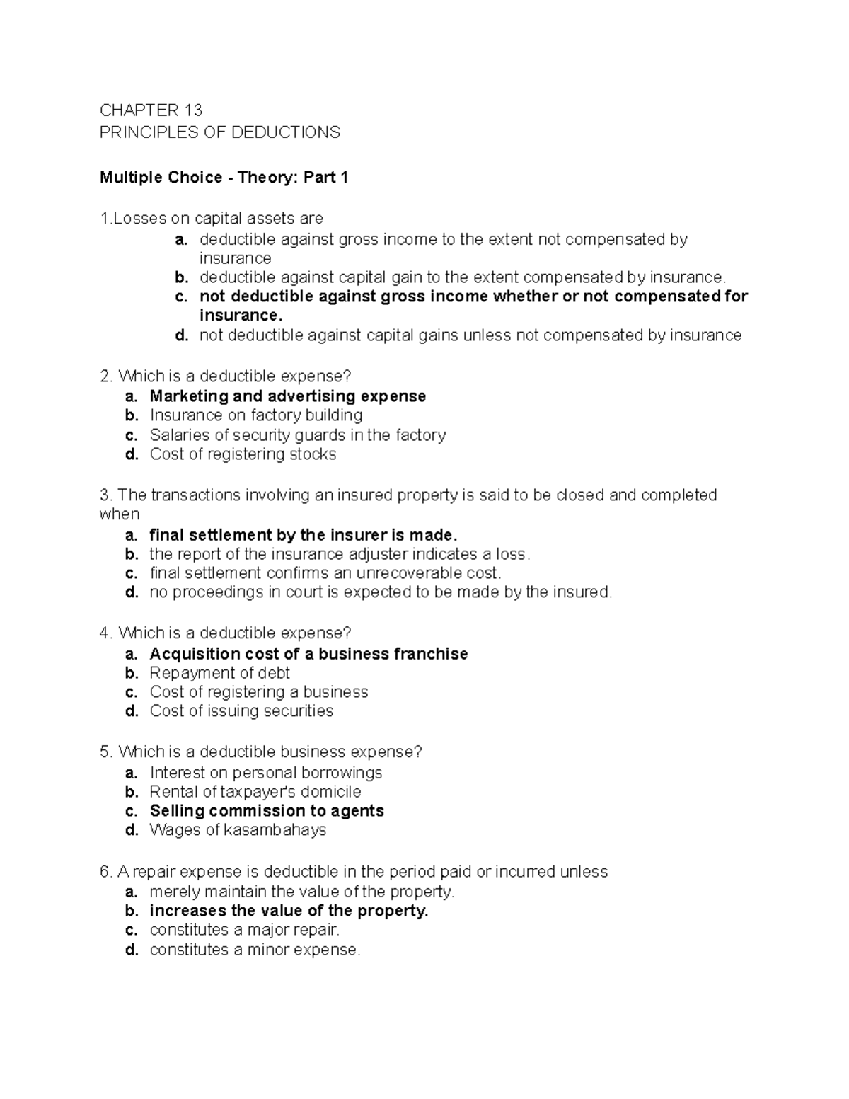 Chapter 13 - Auditing: Principles of Deductions (Multiple Choice) - Studocu