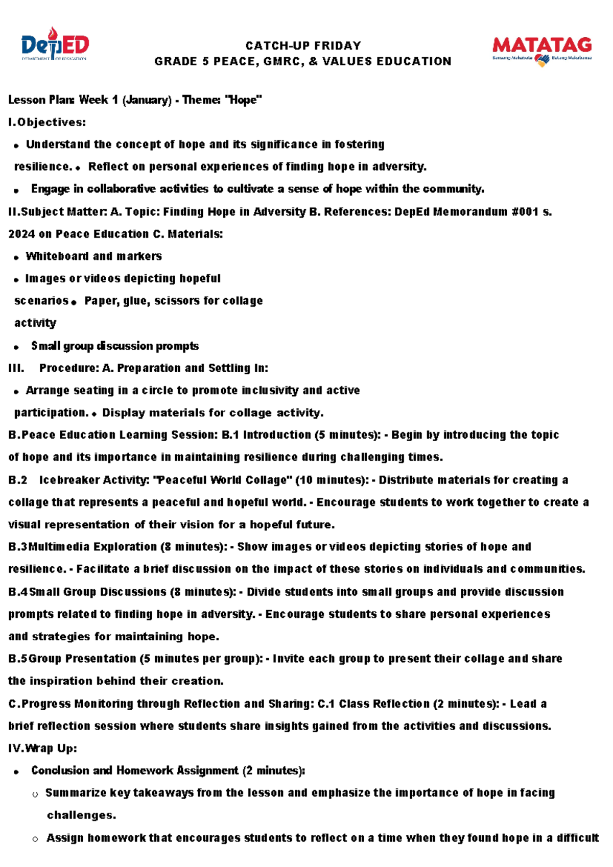 Grade 5 GMRC & Values Education: Lesson Plans on Hope - Studocu