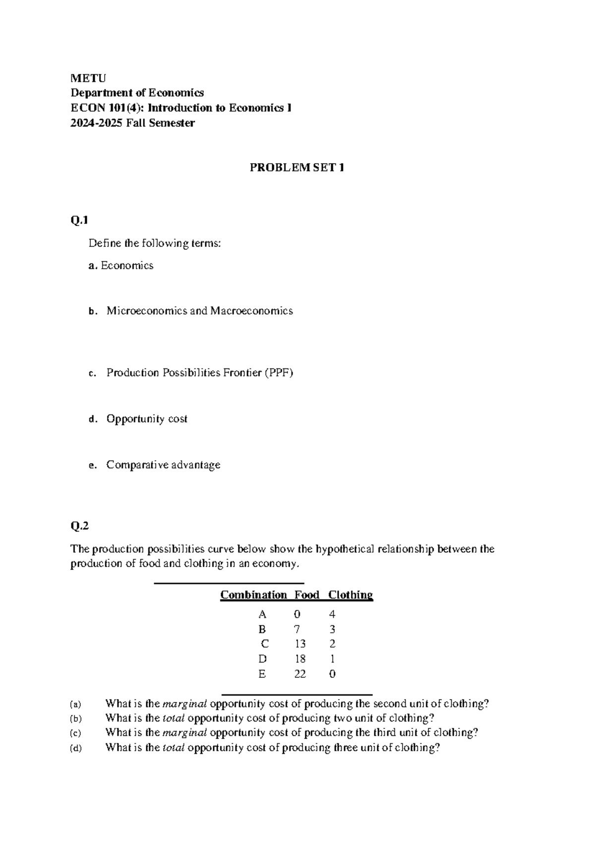 ECON 101(4): Economics Problem Set 1 - Fall Semester - Studocu