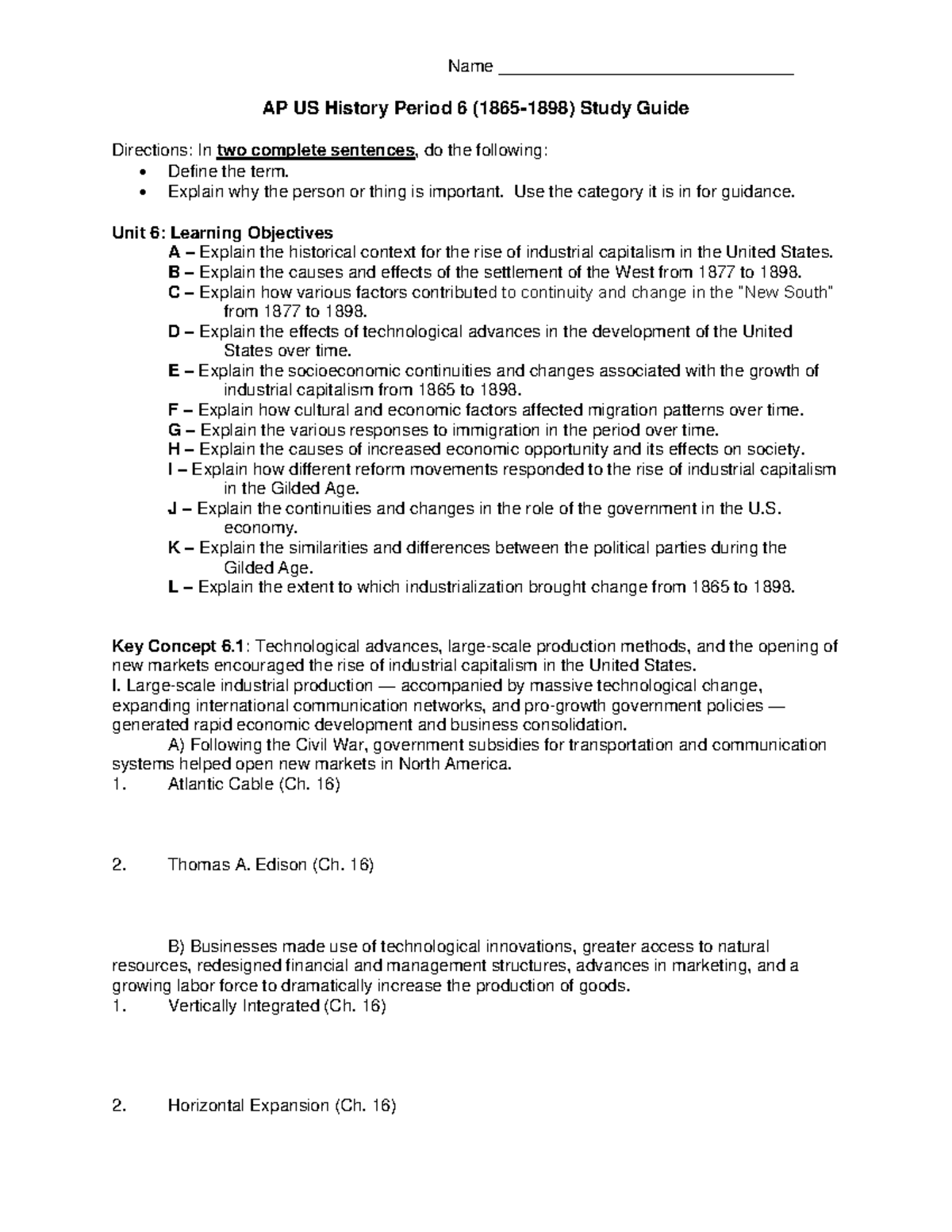 AP US History Period 6 Study Guide: Industrial Capitalism & Migration ...