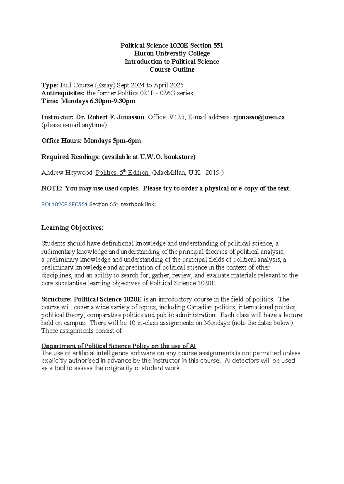 POL1020E SEC551 Introduction to Political Science Course Outline - Studocu