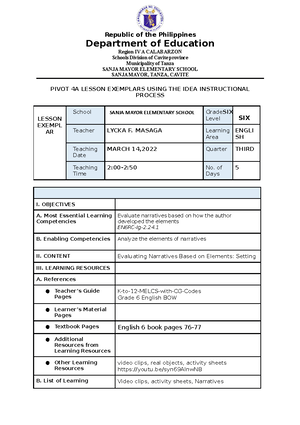 ENG 6 DLL-IDEA Q1-W7Log - GRADES 1 to 12 DAILY LESSON LOG School: Sanja Mayor Elementary School ...