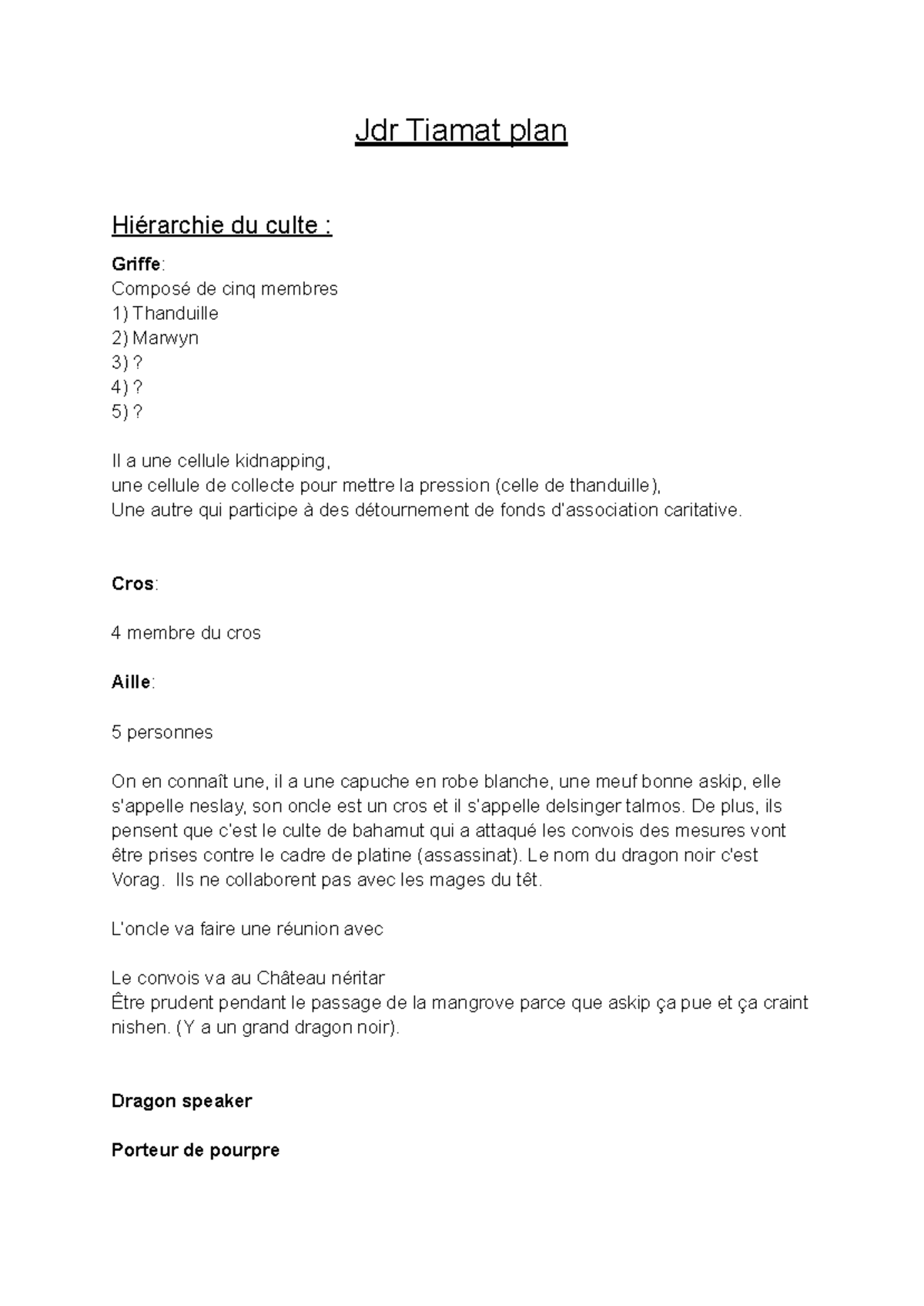 Jdr Tiamat Plan - Note d'Information sur le Culte et ses Membres - Studocu