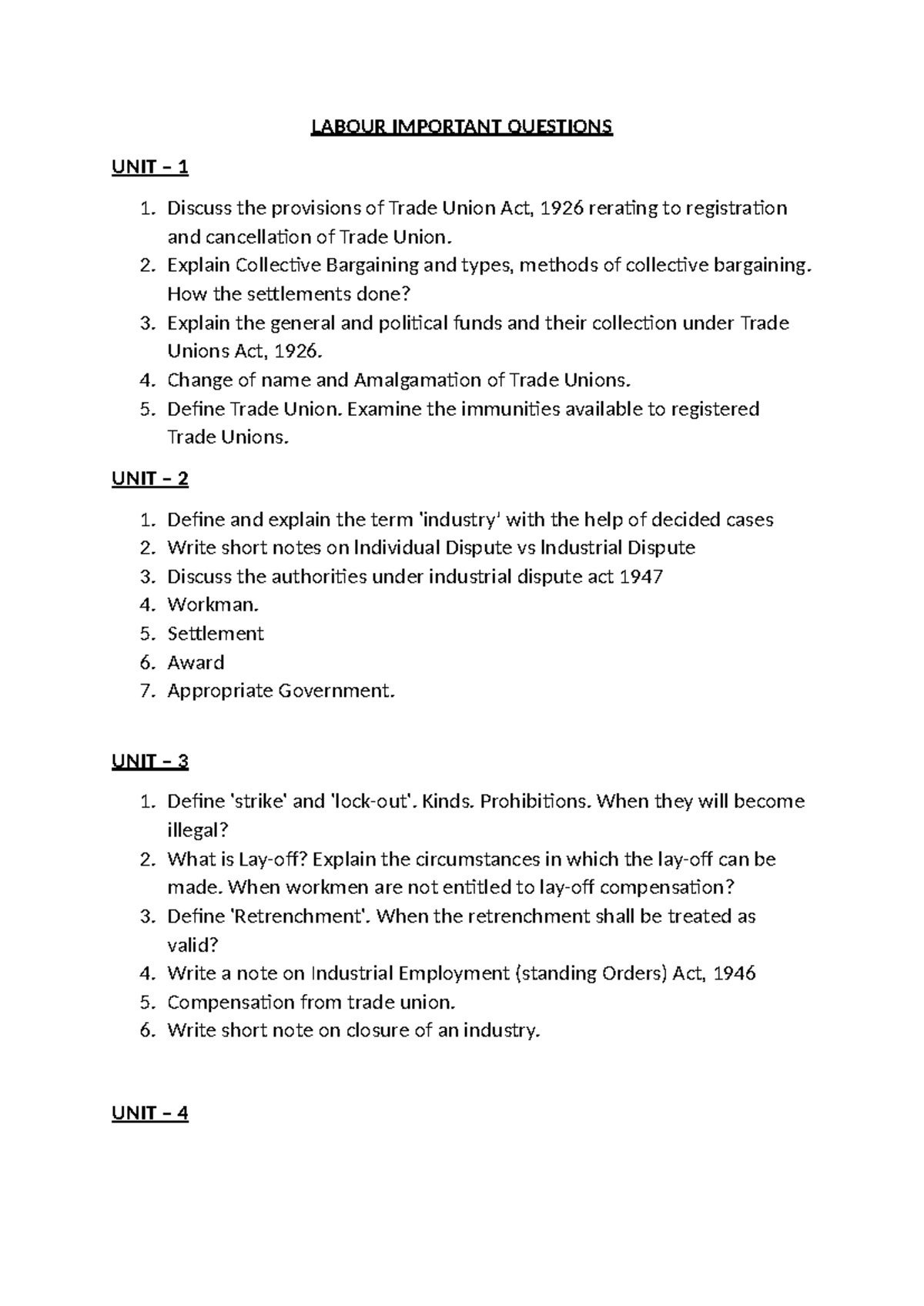 LABOUR IMPORTANT QUESTIONS UNIT 1-4: KEY TOPICS & DISCUSSIONS - Studocu