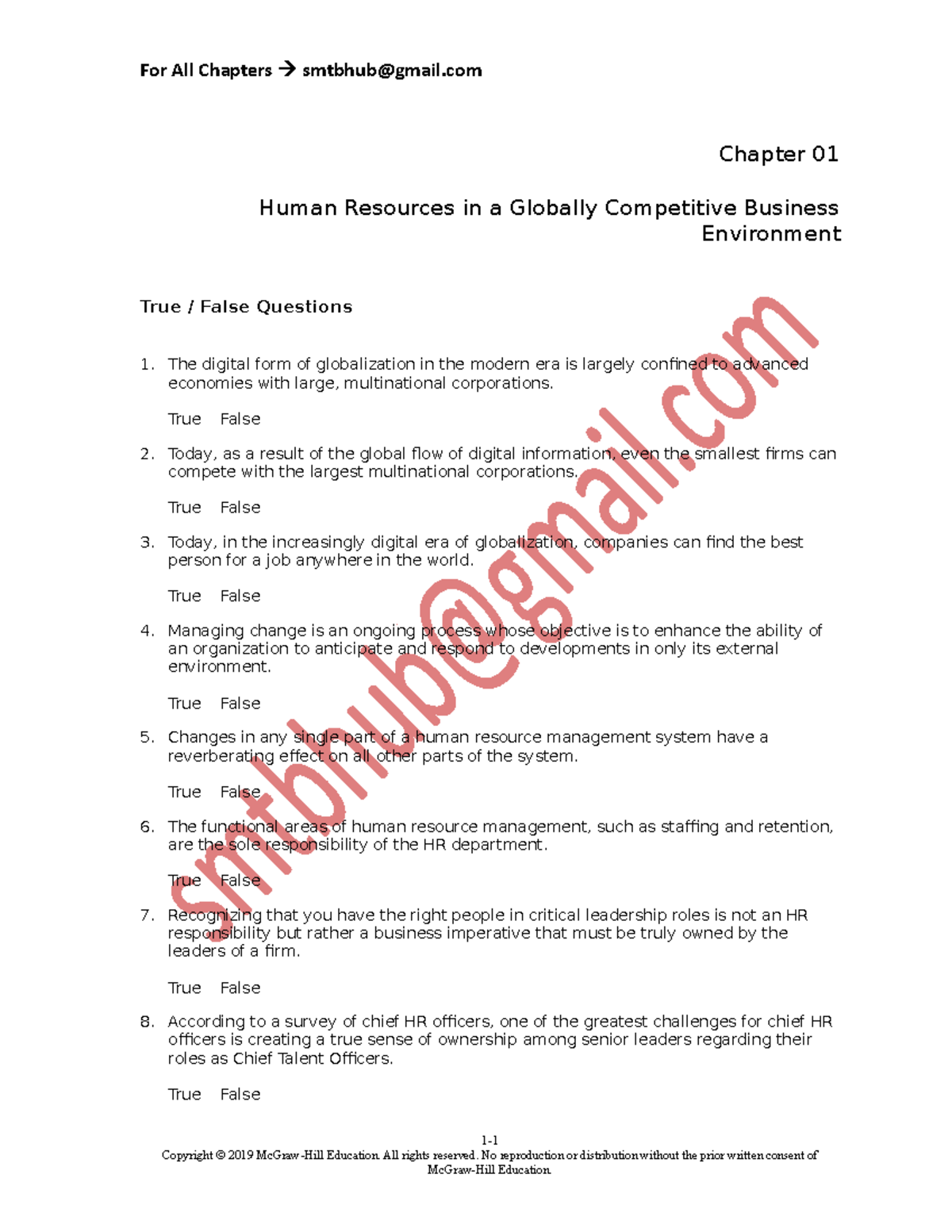 Test Bank Answers for Managing Human Resources (11th Ed) - Chapter 01 ...