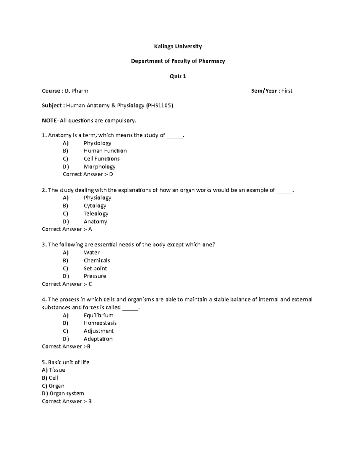Quiz (PHS1105, Human Anatomy & Physiology, Unit 2 Review) - Studocu