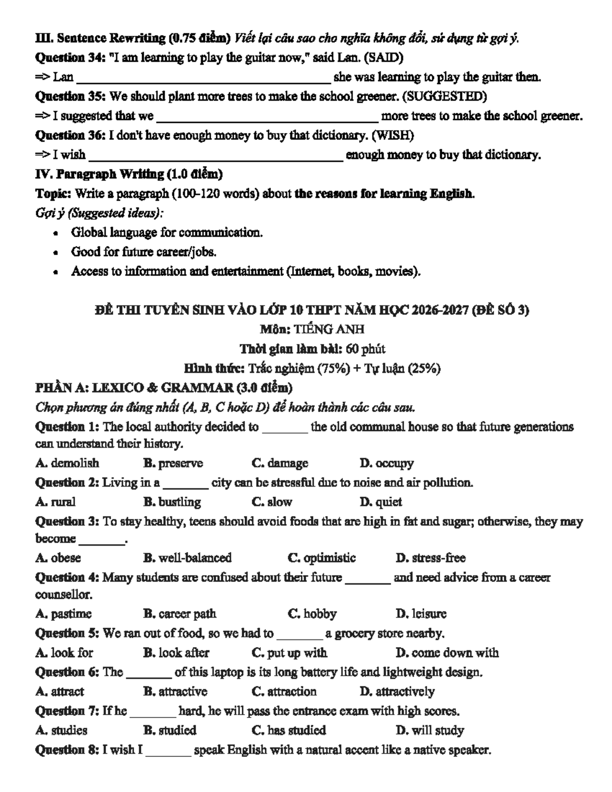 D3-D5: Sentence Rewriting and Writing Skills Practice for English Exam ...