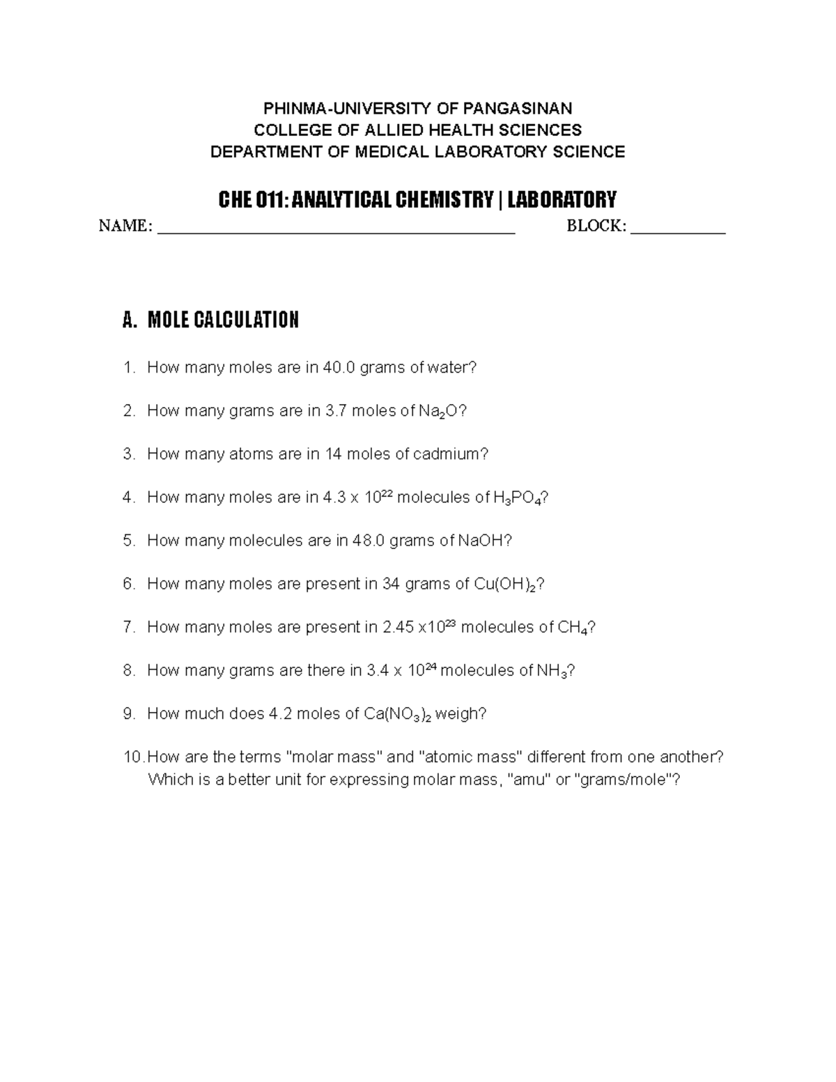 CHE 011: Analytical Chemistry Lab - Mole Calculations & Molarity ...