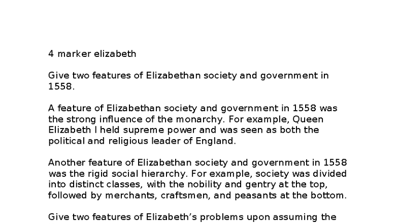 4 Marker Questions on Elizabethan Society & Government (HIST101) - Studocu