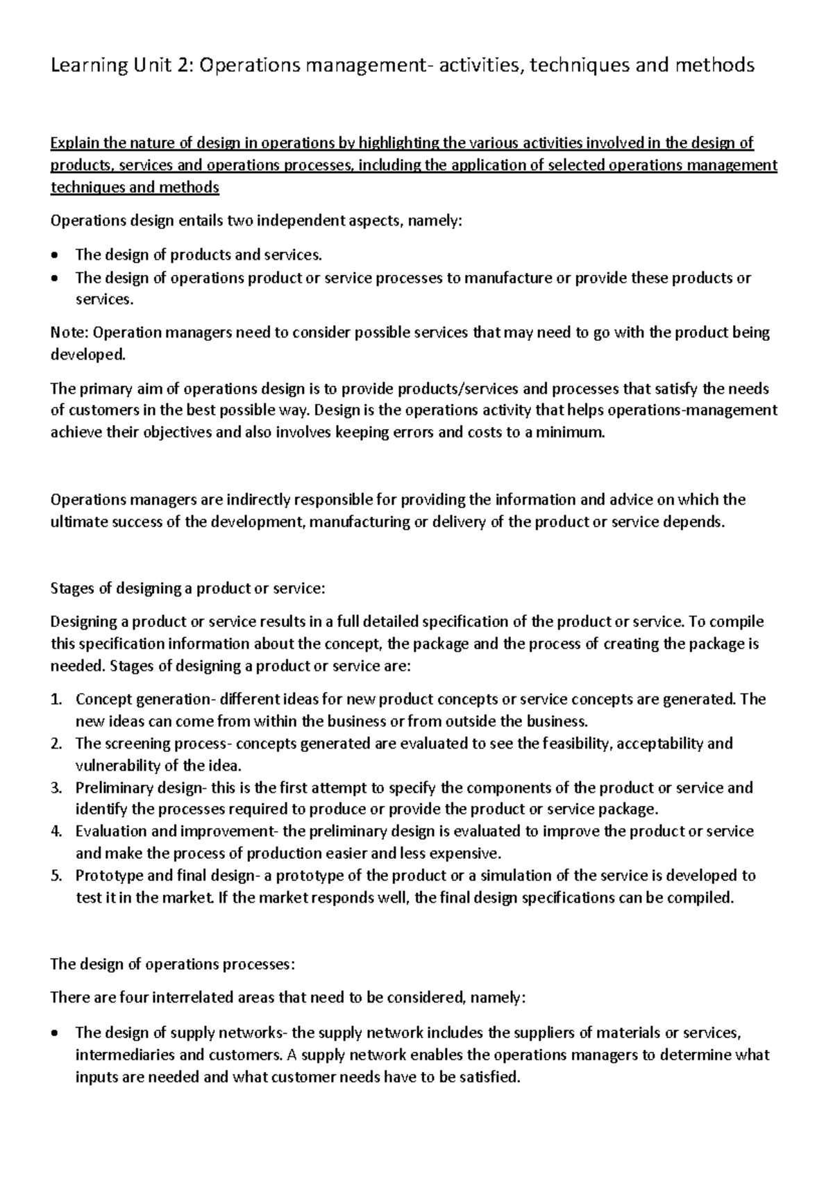 Business Management 1B Learning Unit 2: Operations Management Notes ...