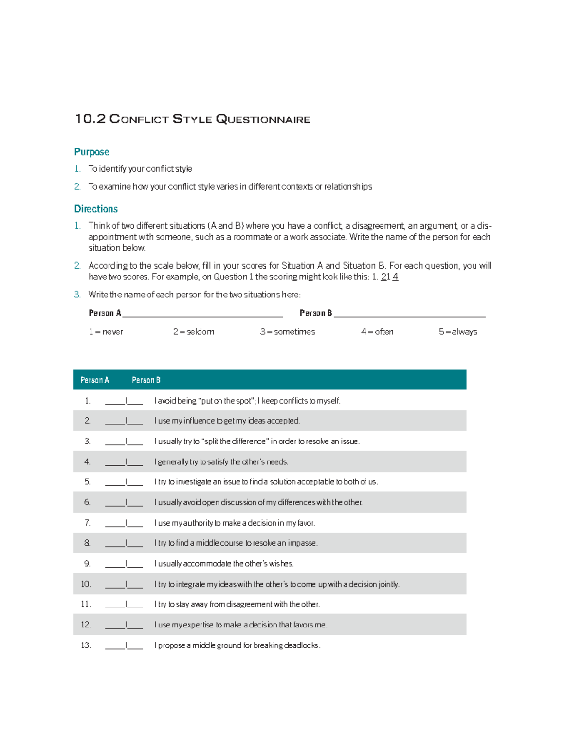 254 INTRODUCTION TO LEADERSHIP: Conflict Style Questionnaire - Studocu