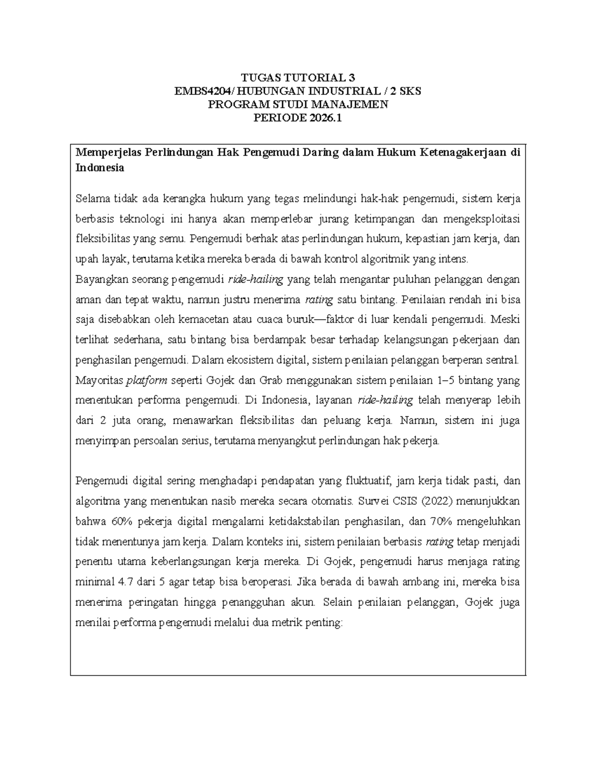 TUGAS 3: Perlindungan Hak Pengemudi Daring dalam Hukum Ketenagakerjaan ...