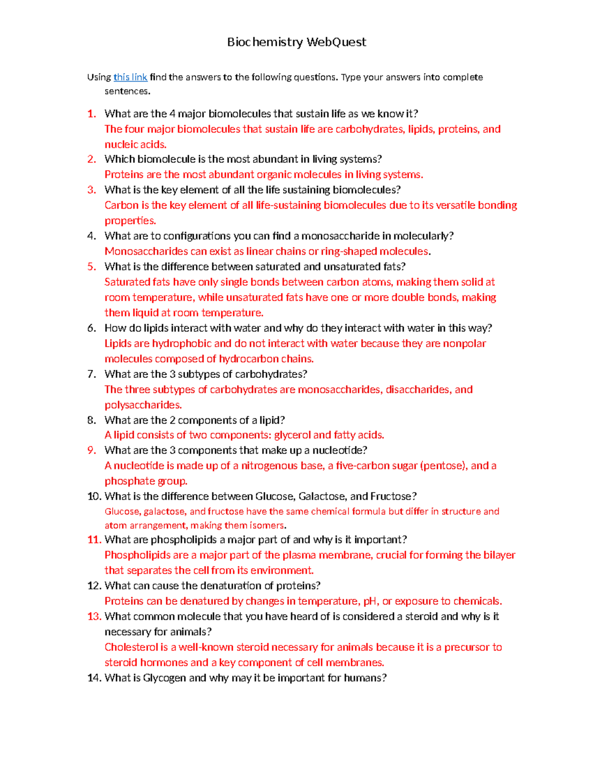 Biochemistry WebQuest: Key Biomolecules and Their Functions - Studocu