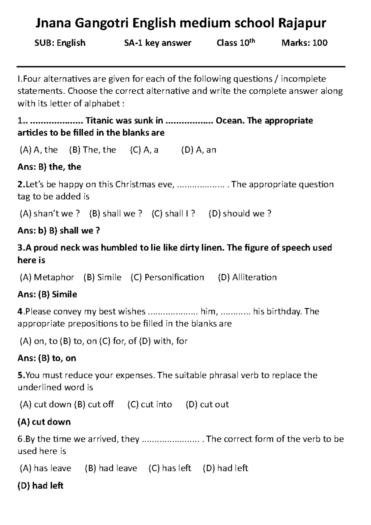 English Class 10 MID TERM Key Answers 2025-26 - Studocu