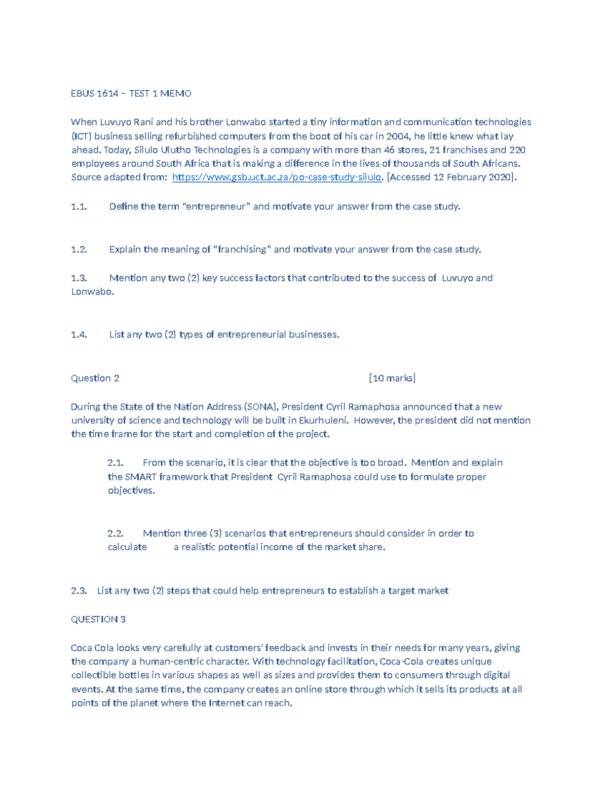 EBUS 1614 Test 1 Memo: Insights on Entrepreneurship and Market ...