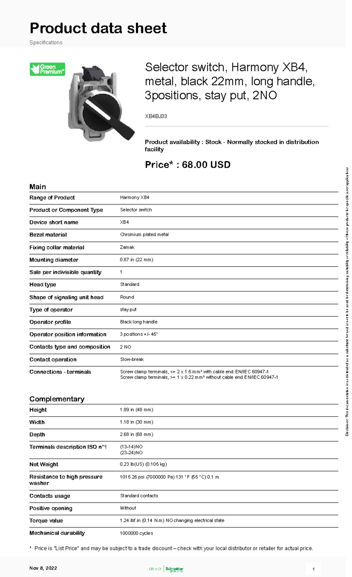 Harmony XB4 Selector Switch Data Sheet - XB4BJ33 Specifications - Studocu