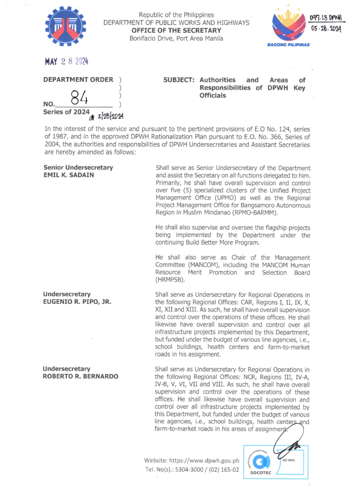 DO 084 s2024: Responsibilities of DPWH Key Officials - Studocu