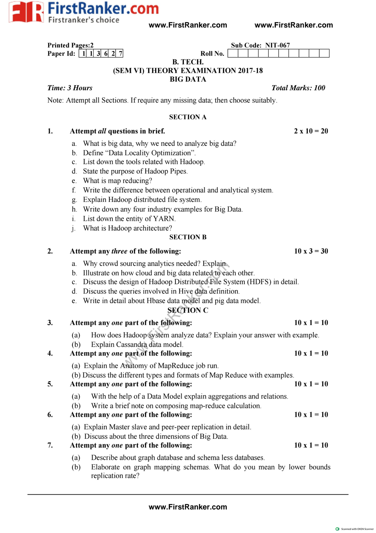 B. TECH (SEM VI) Big Data Theory Exam - Previous Year Question Paper ...