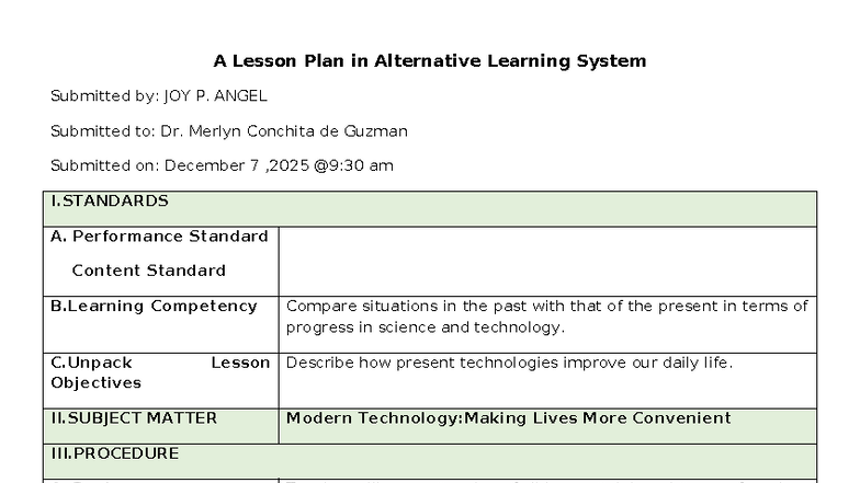 Lesson Plan: Modern Technology in Alternative Learning System - Studocu