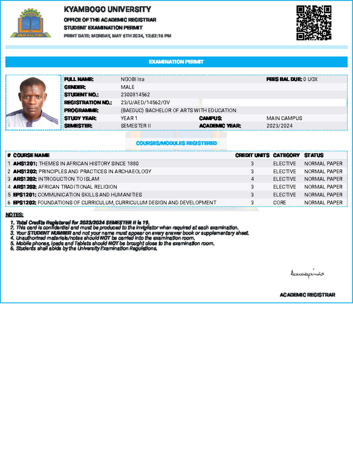 KYAMBOGO UNIVERSITY Exam Permit for BAEDUC Year 1 Semester II - Studocu