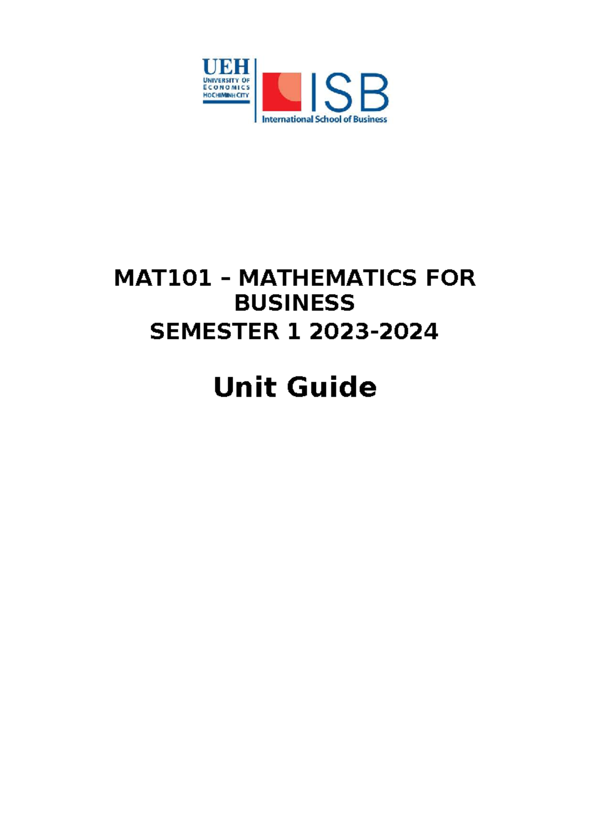 MAT101 Mathematics for Business Unit Guide S1 2023-2024 - Studocu