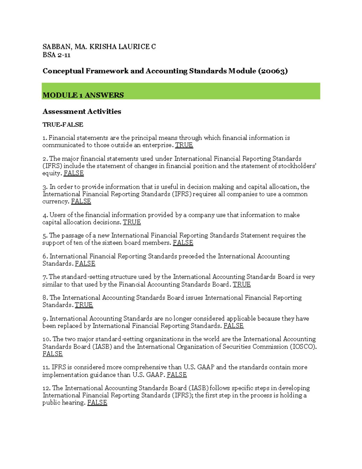 BSA 20063: Module 1 Answer Keys for Conceptual Framework in Accounting ...