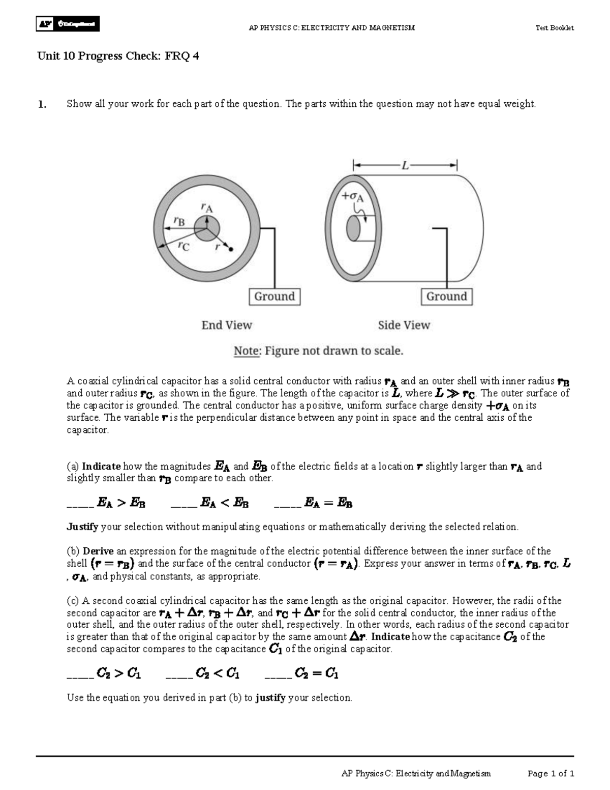 AP PHYSICS C: ELECTRICITY AND MAGNETISM Unit 10-13 Progress Check FRQ Analysis - Studocu