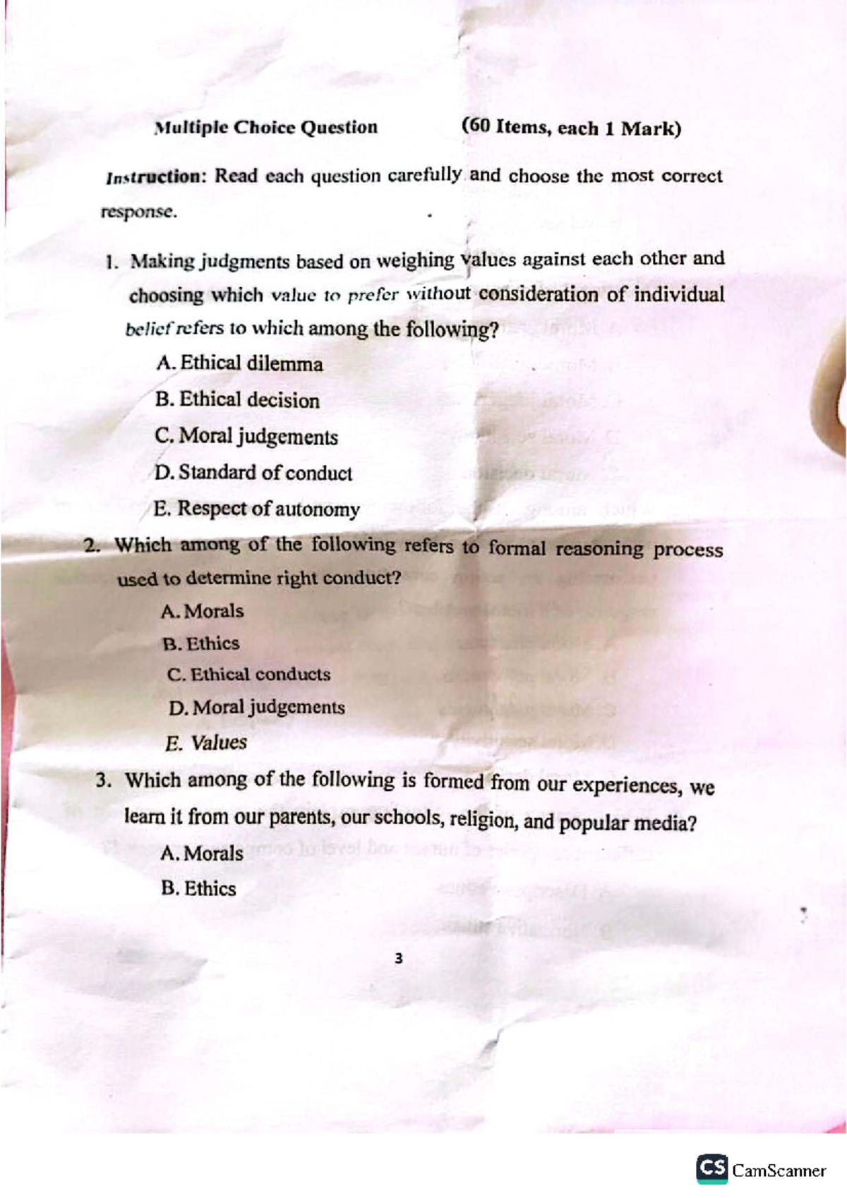 Nursing Ethics CAT 1 Multiple Choice Questions (60 Items) 2025 - Studocu