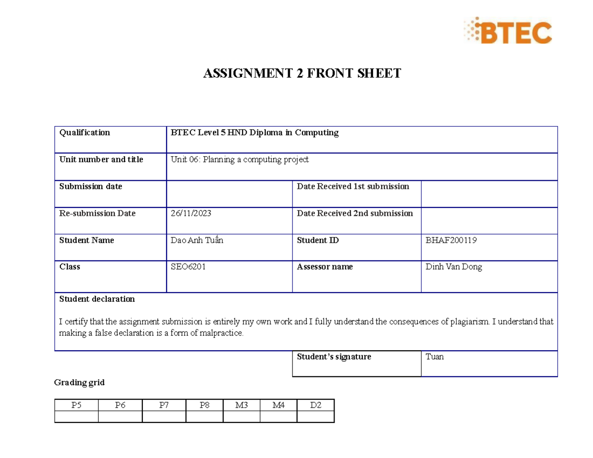 ASM2 1st PCP Tuanda BHAF2001 19 - ASSIGNMENT 2 FRONT SHEET Qualification BTEC Level 5 HND ...